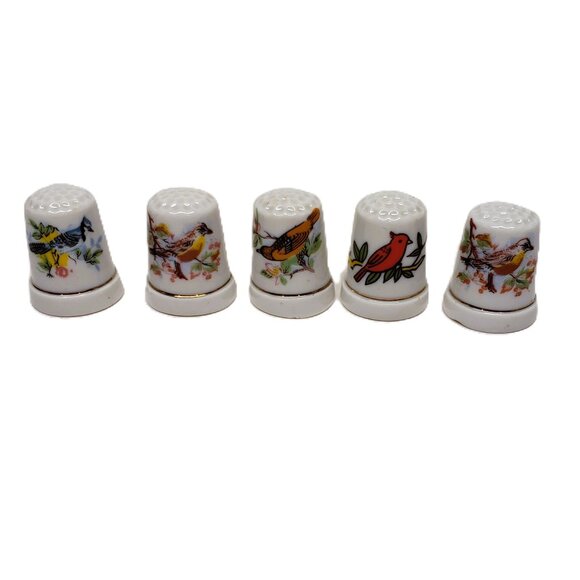 Accents | Vintage Bird Thimble Lot X5 Porcelain Blue Jay Cardinal Gold ...